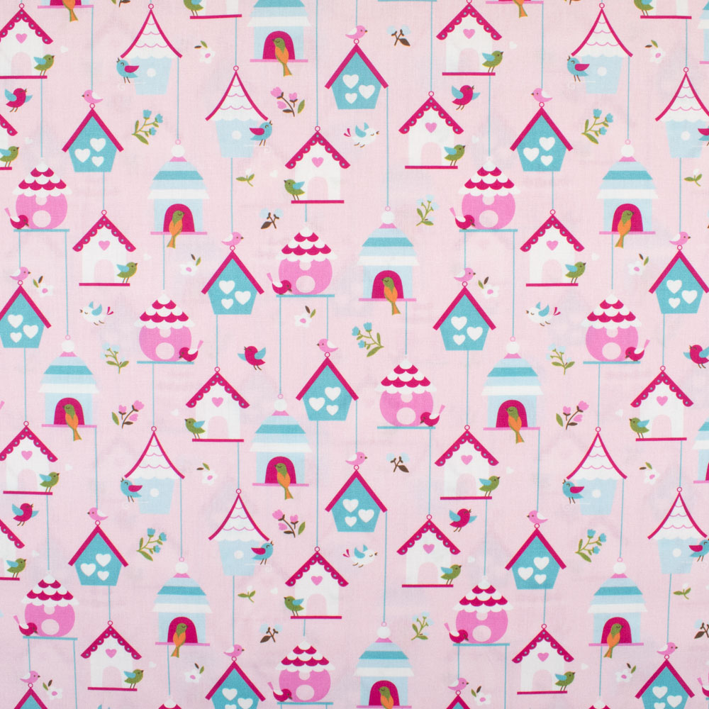 Baumwollstoff Popeline Vogelhäuser pink | Stoffe Werning | Stoffe Werning